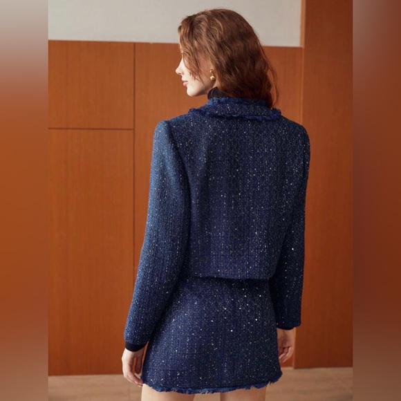 Jackets & Coats | Premium Cropped Glitter Tweed Jacket In Navy Blue ...